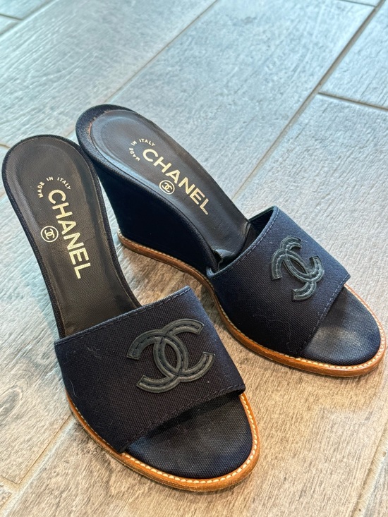CHANEL | Shoes | Authentic Chanel Navy Blue Denim Mule Wedge Heels 37 ...